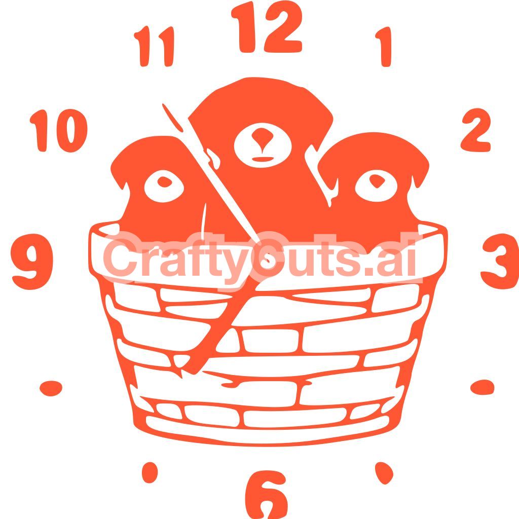 Animals Clock Face Featuring Puppies in a Basket | CraftyCuts.ai