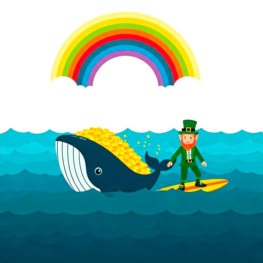 Leprechaun Surfing on Whale with Rainbow Background SVG Design | CraftyCuts.ai